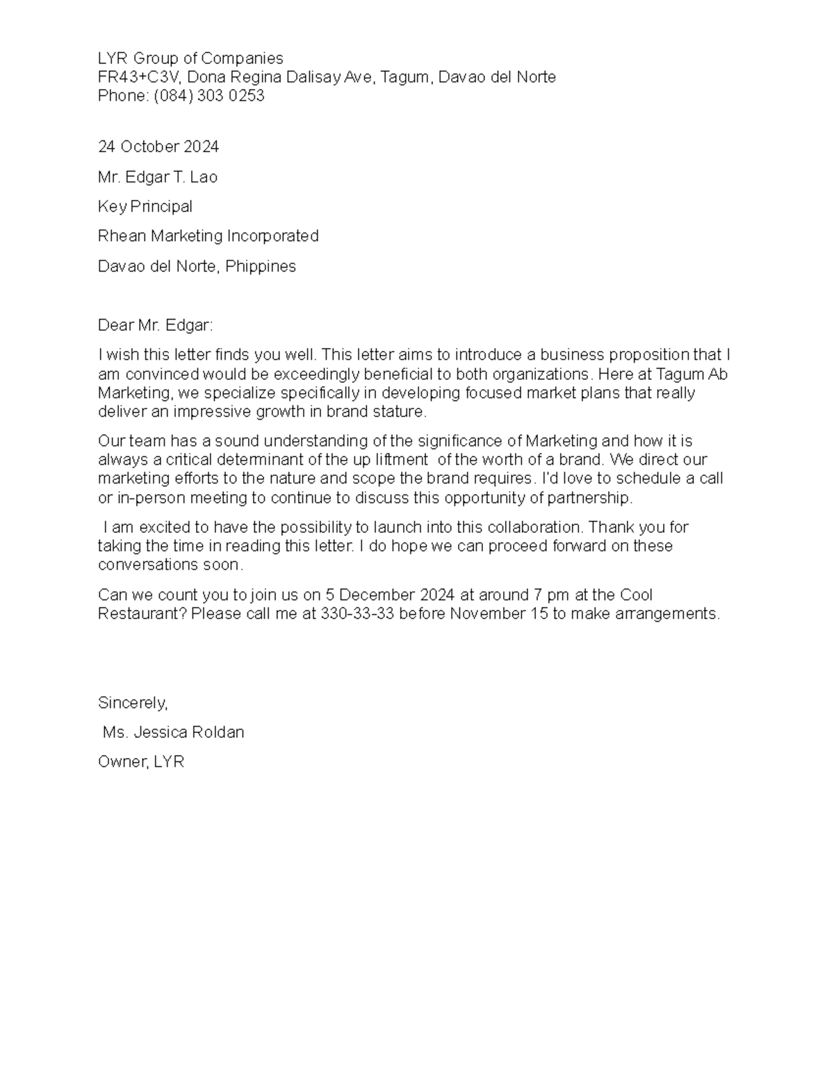 Salva Business Letter - bastaaaa - LYR Group of Companies FR43+C3V ...