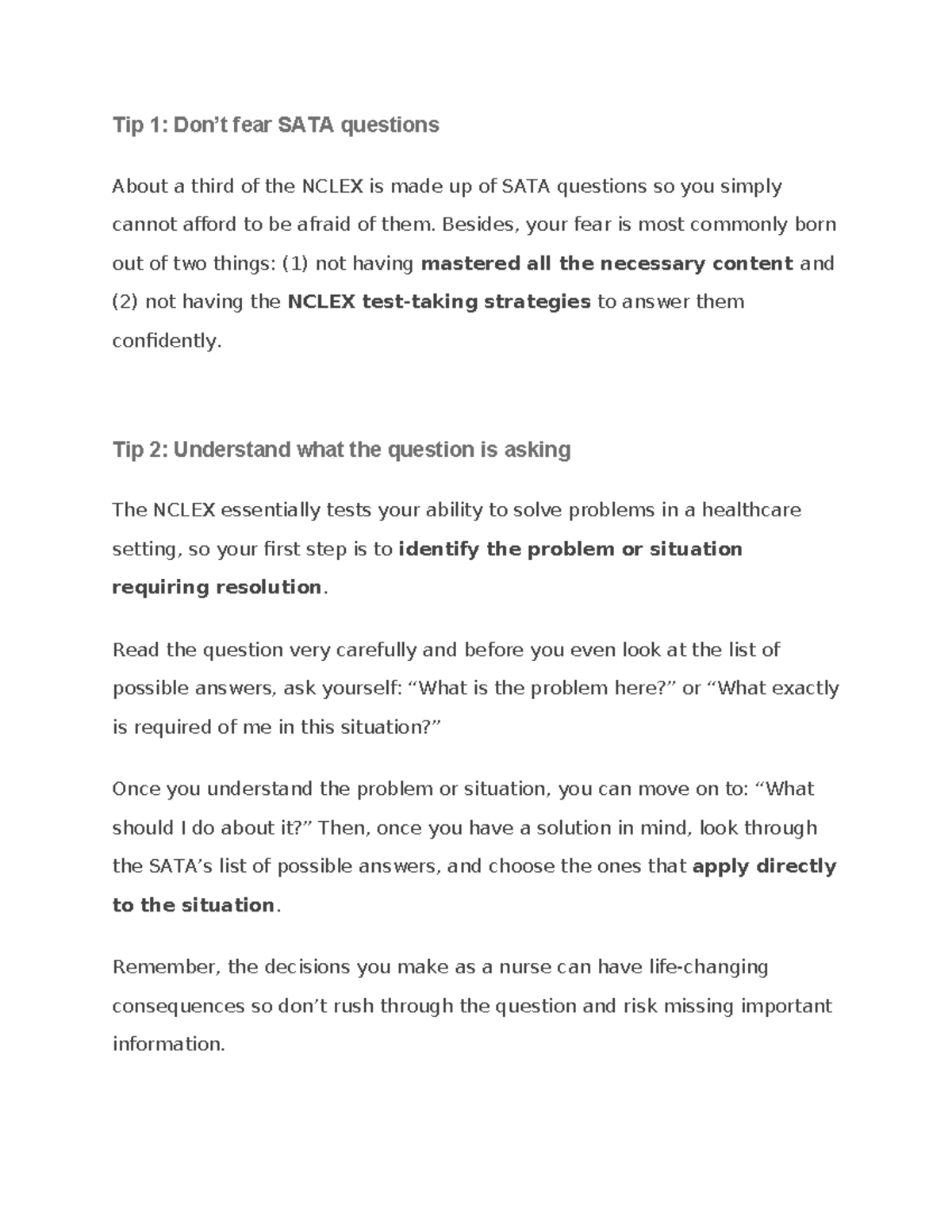 NCLEX Strategies: Mastering SATA Questions for Success - Studocu