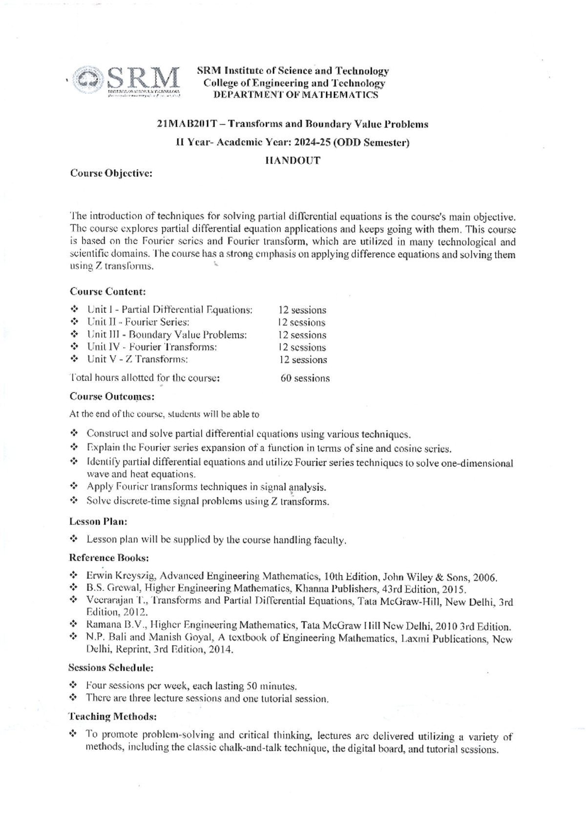 21MAB201T Transforms and Boundary Value Problems II Handout - Studocu