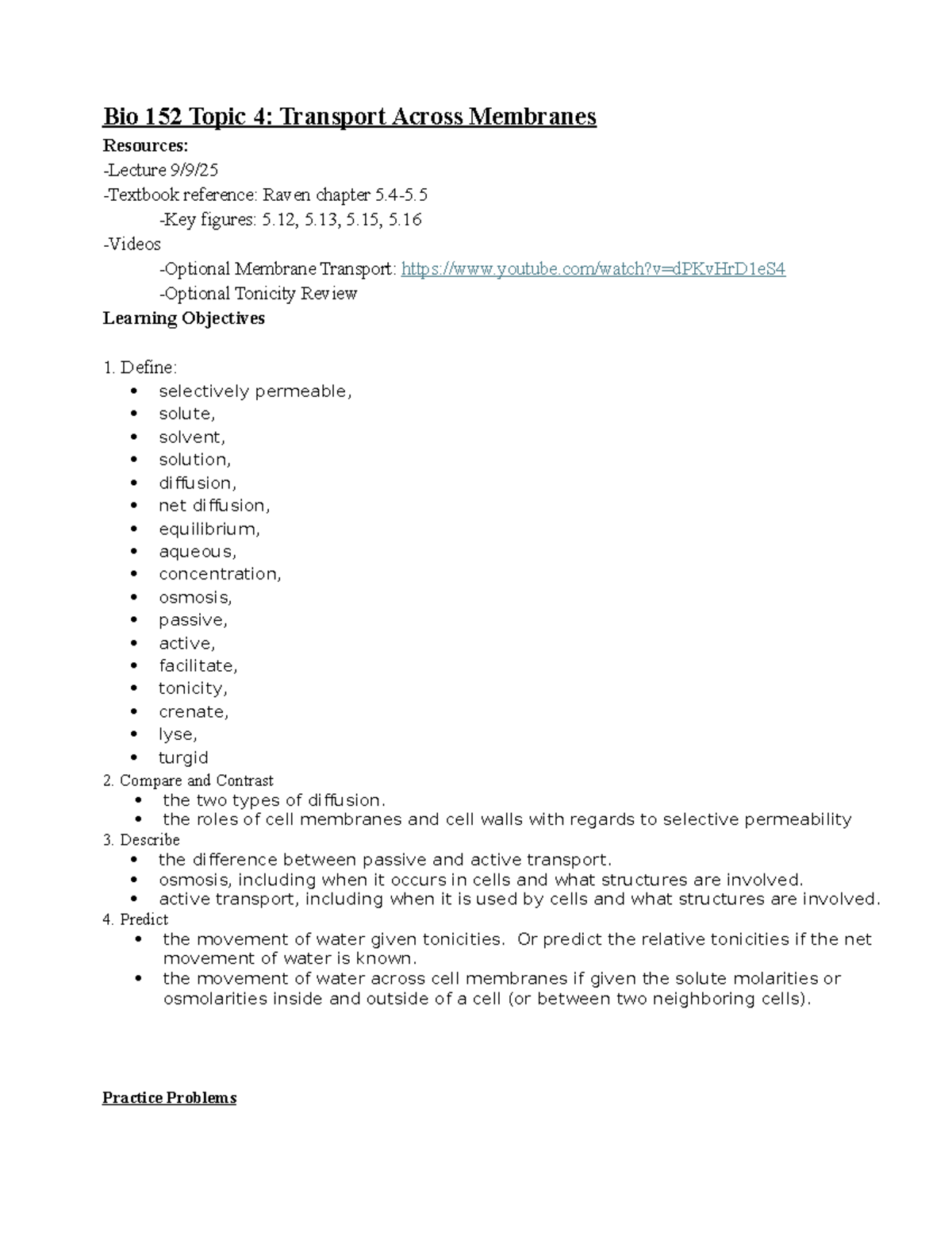 Bio 152 Topic 4: Membrane Transport Study Guide - Studocu