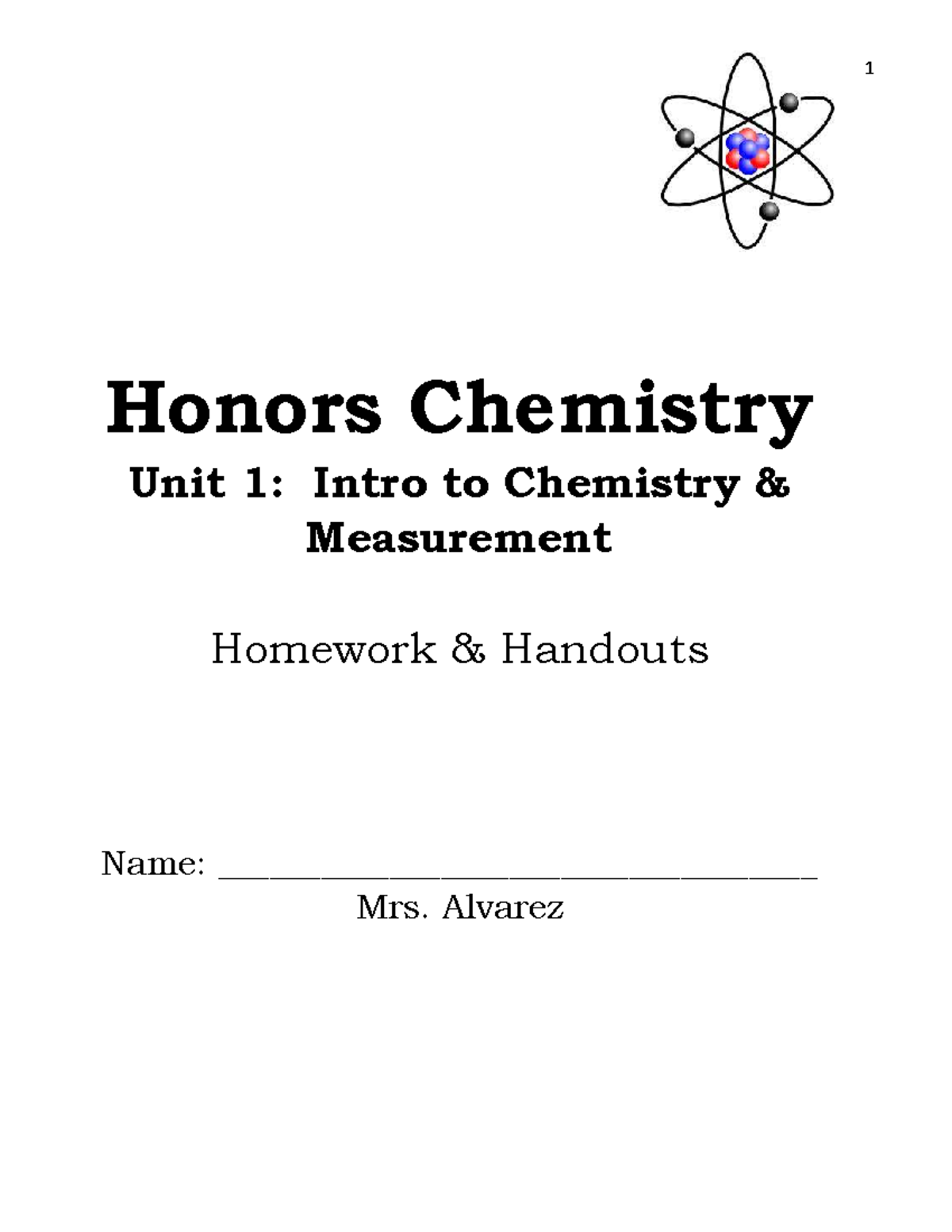 1 Honors Chemistry Unit 1: Matter & Measurement Homework Guide - Studocu