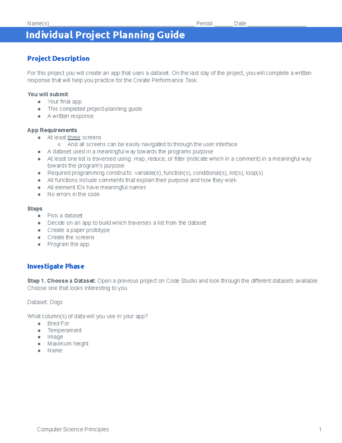 Copy of CSP Unit 6 Individual Project Planning Guide - - Studocu