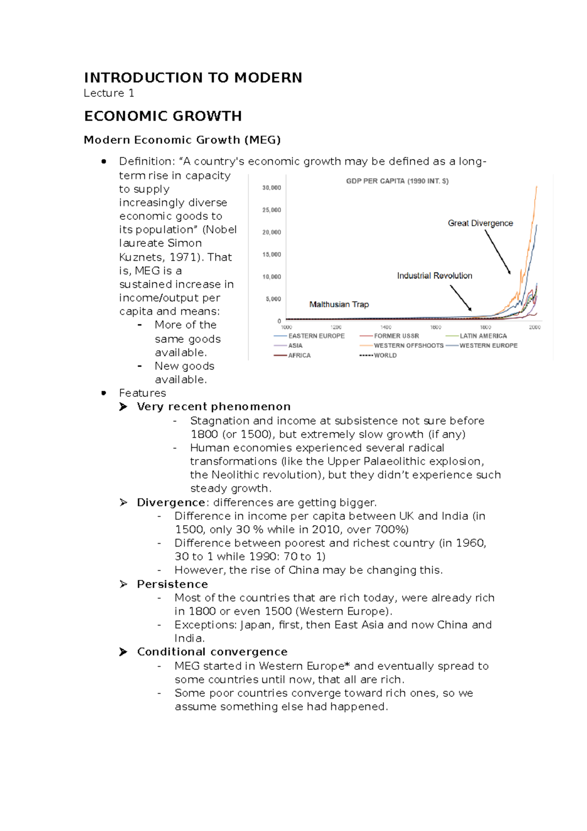 Introduction to Modern Economic Growth: Lecture 1 Overview - Studocu