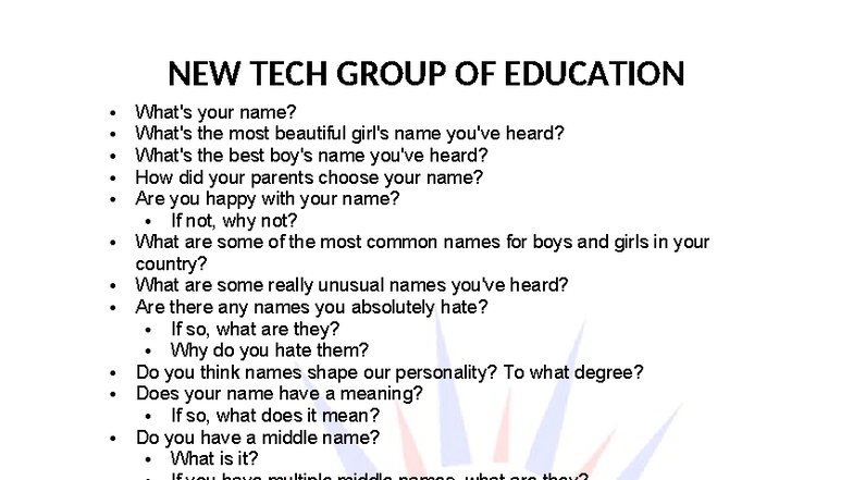 NEW TECH GROUP OF EDUCATION: Exploring the Significance of Names - Studocu