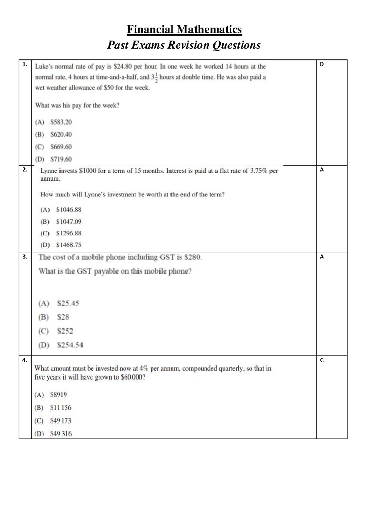 Financial Mathematics Revision Questions: Past Exam Insights - Studocu