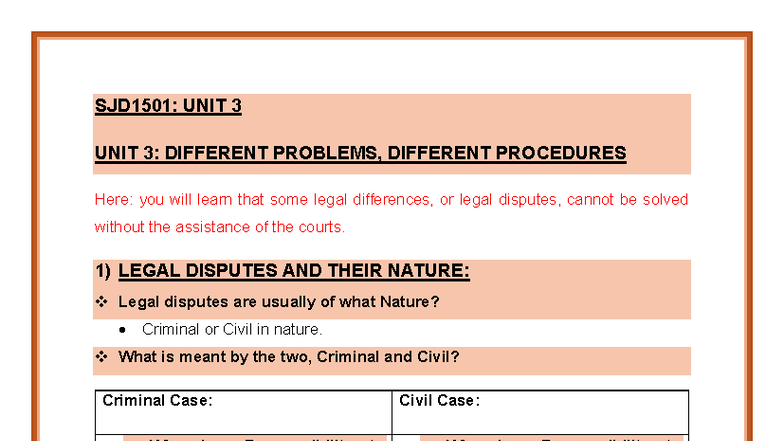 SJD1501: Unit 3 - Legal Disputes and Resolution Procedures - Studocu