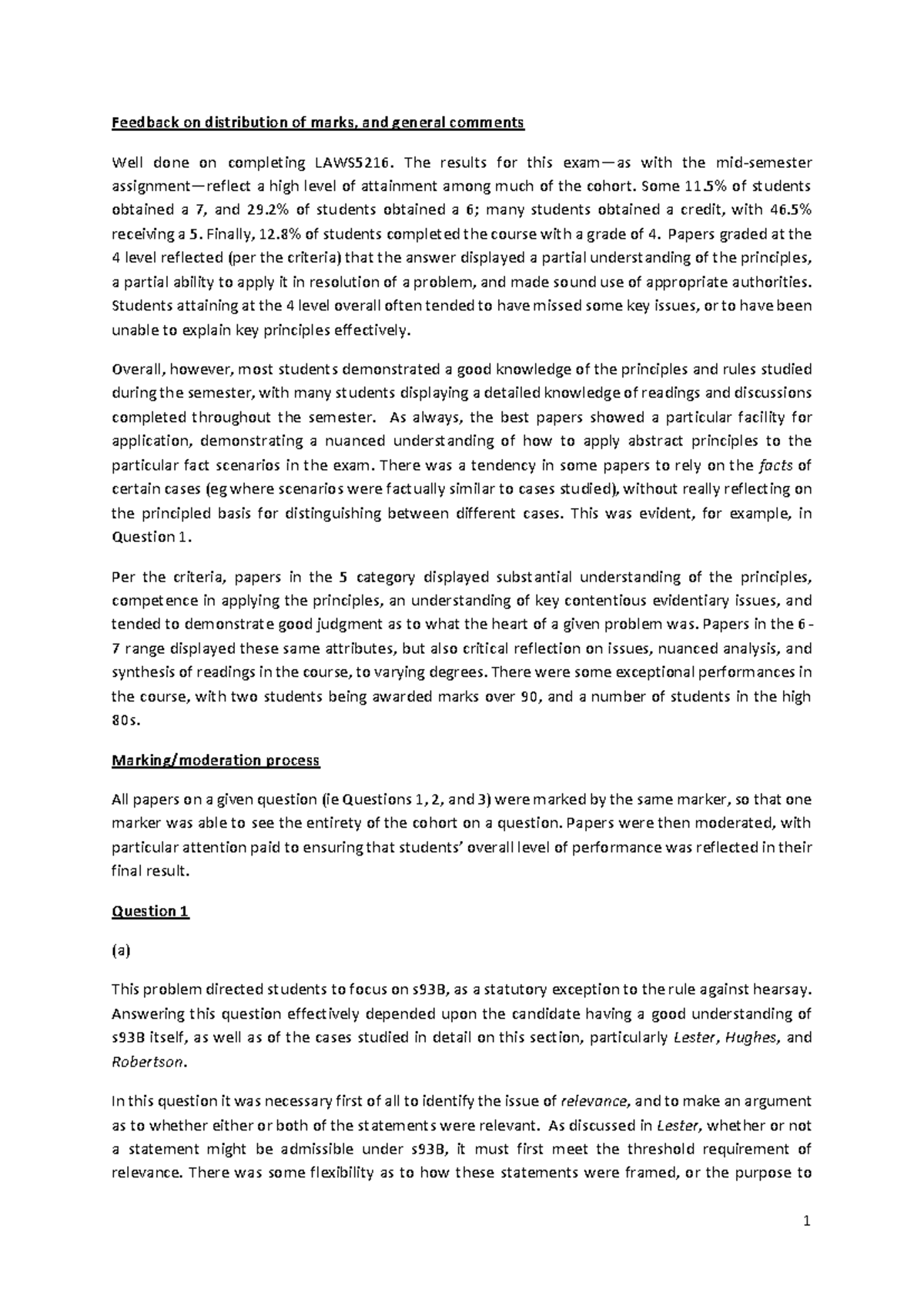 LAWS5216 4700 S2 2018 Final Exam Feedback - Feedback on distribution of ...