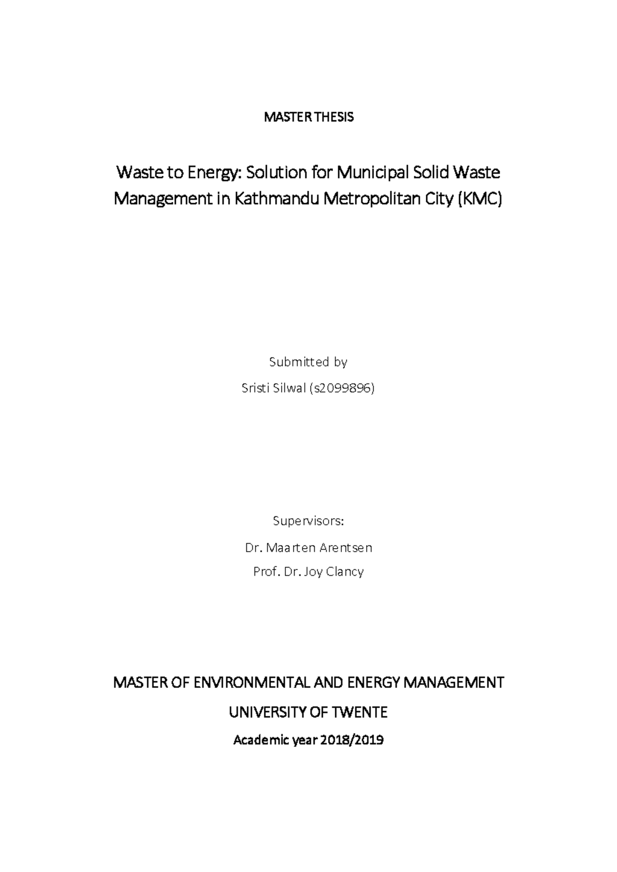 Waste to Energy Solution for Municipal Solid Waste - MASTER THESIS ...