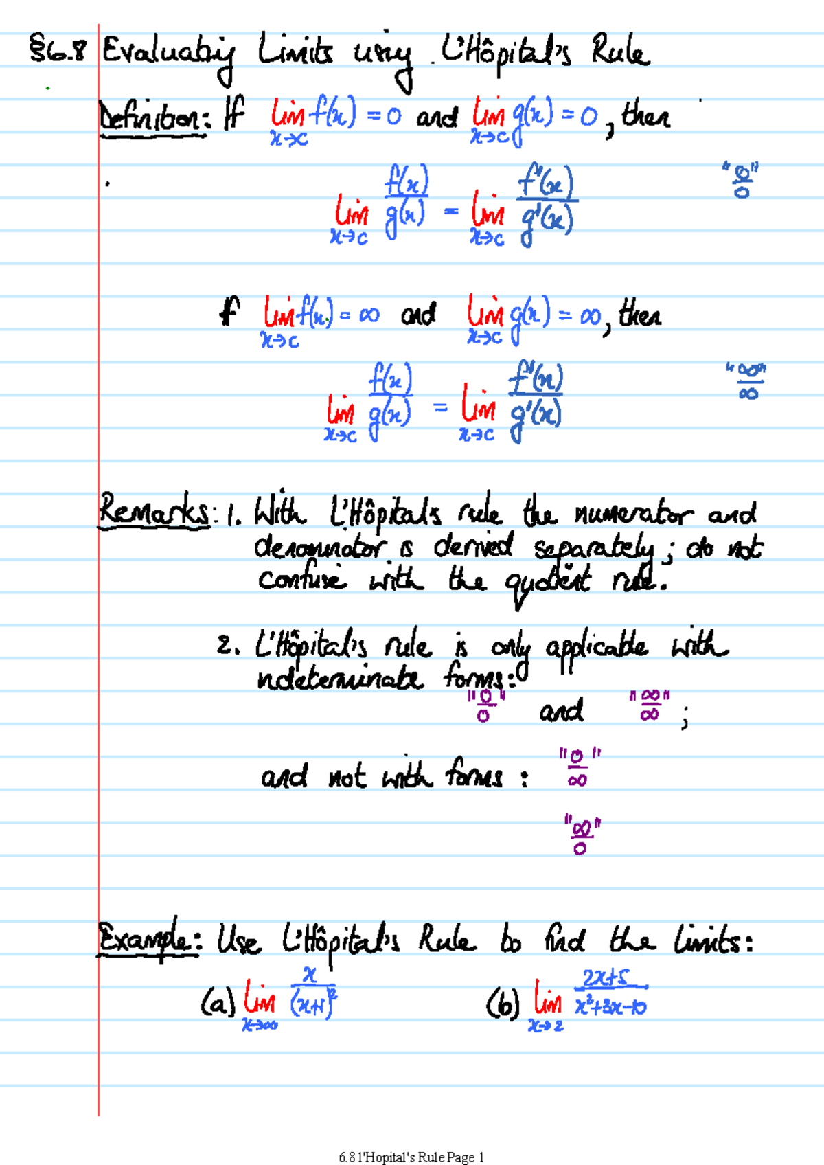 6.8 L'Hôpital's Rule - Lecture 9 on Evaluating Limits - Studocu