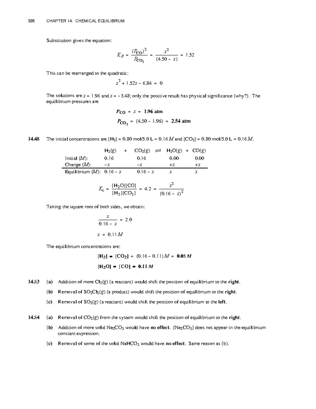 398 CHEMISTRY CHAPTER 14: CHEMICAL EQUILIBRIUM SOLUTIONS - Studocu