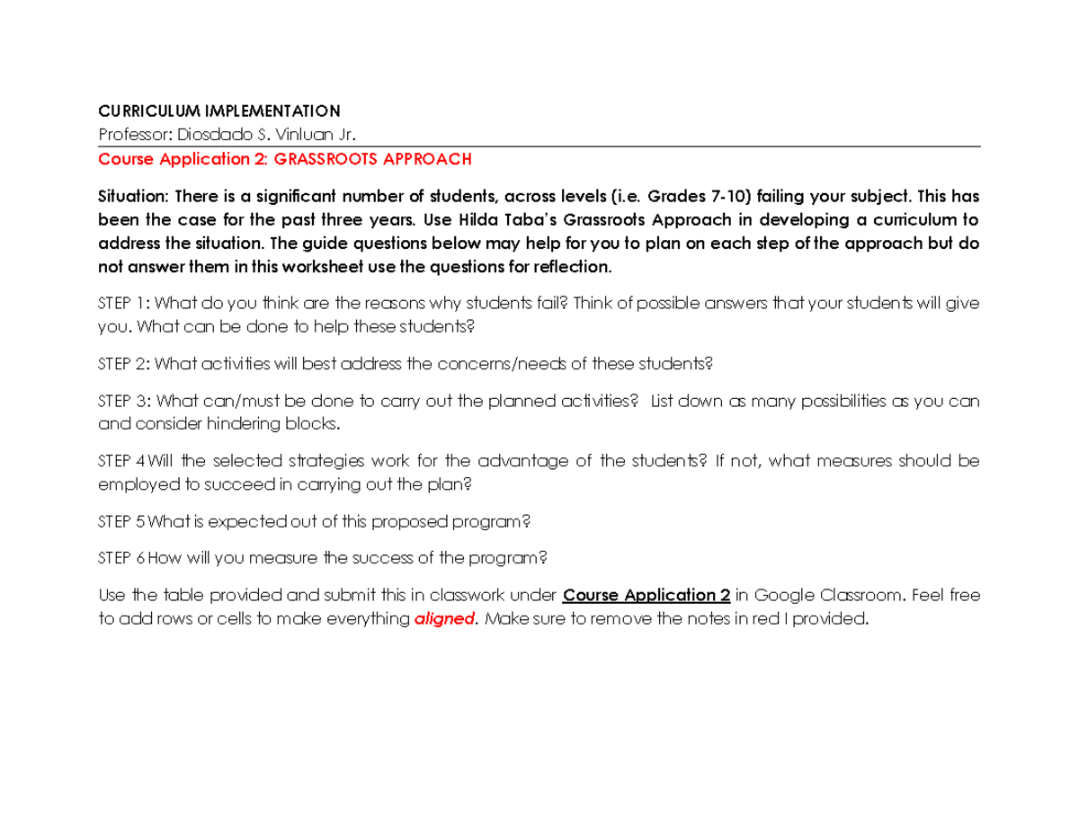 Course Application 2: Curriculum Implementation Using Grassroots ...
