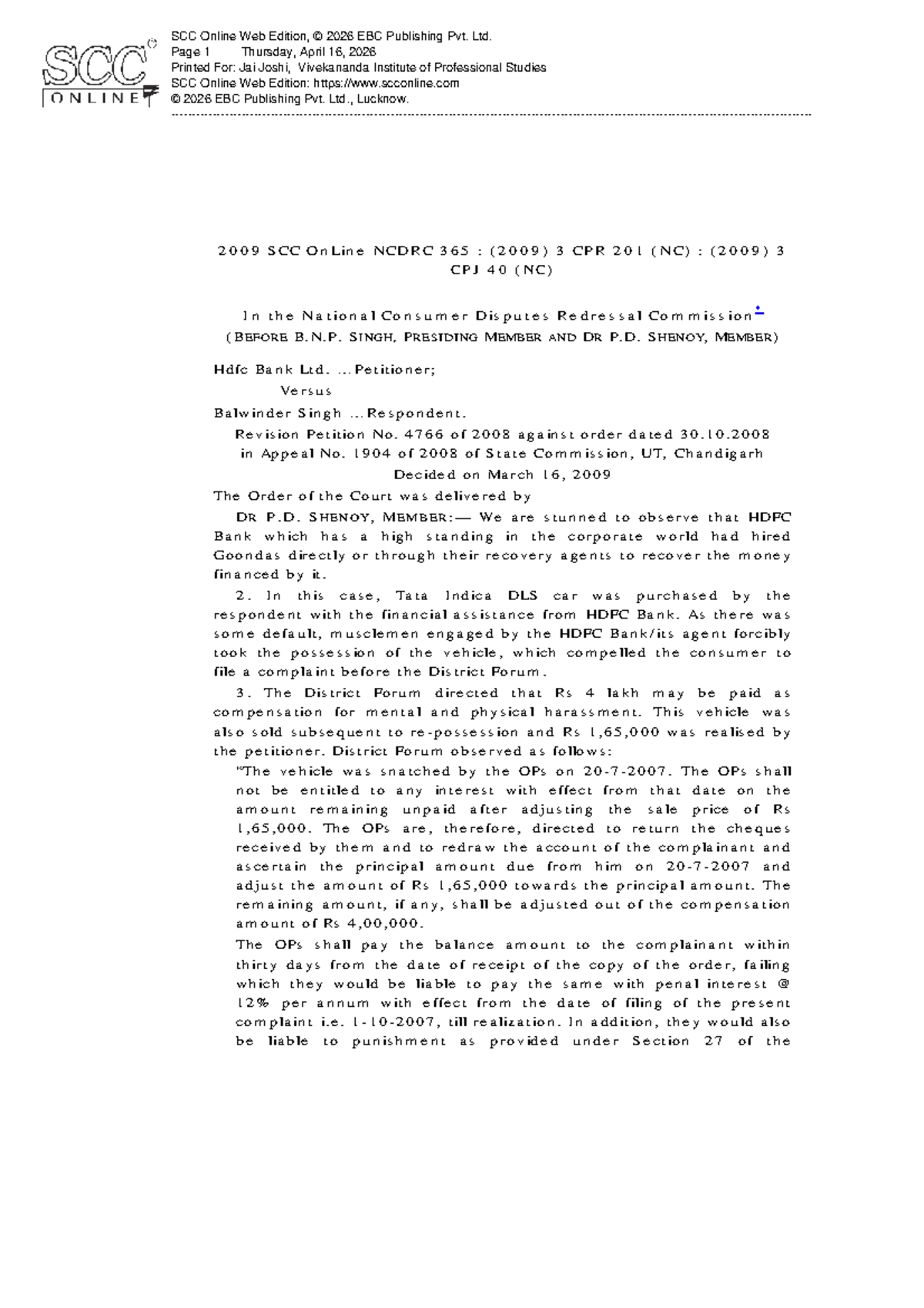 SCC 2009 NCDRC Case Study: HDFC Bank vs. Balwinder Singh - Studocu