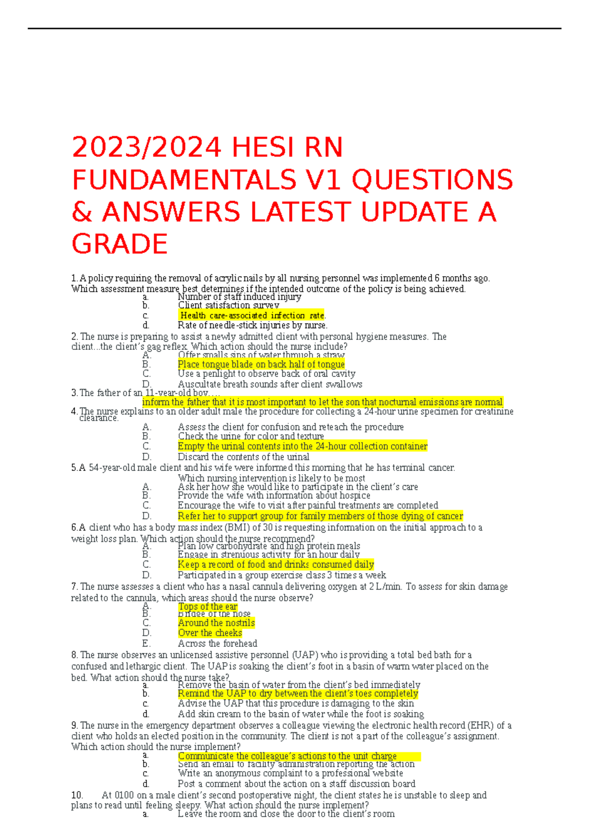 HESI RN Fundamentals V1: 2023/2024 Q&A Guide for A Grade Success - Studocu