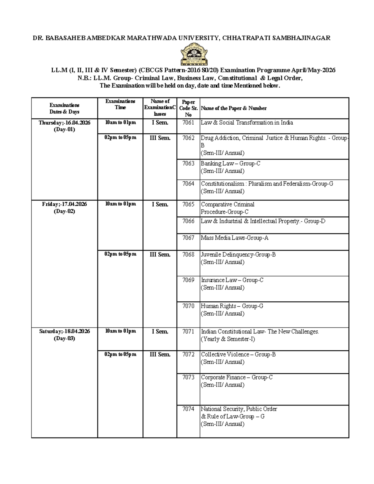 LL.M I-IV Sem Exam Time Table April-May 2026 - Studocu