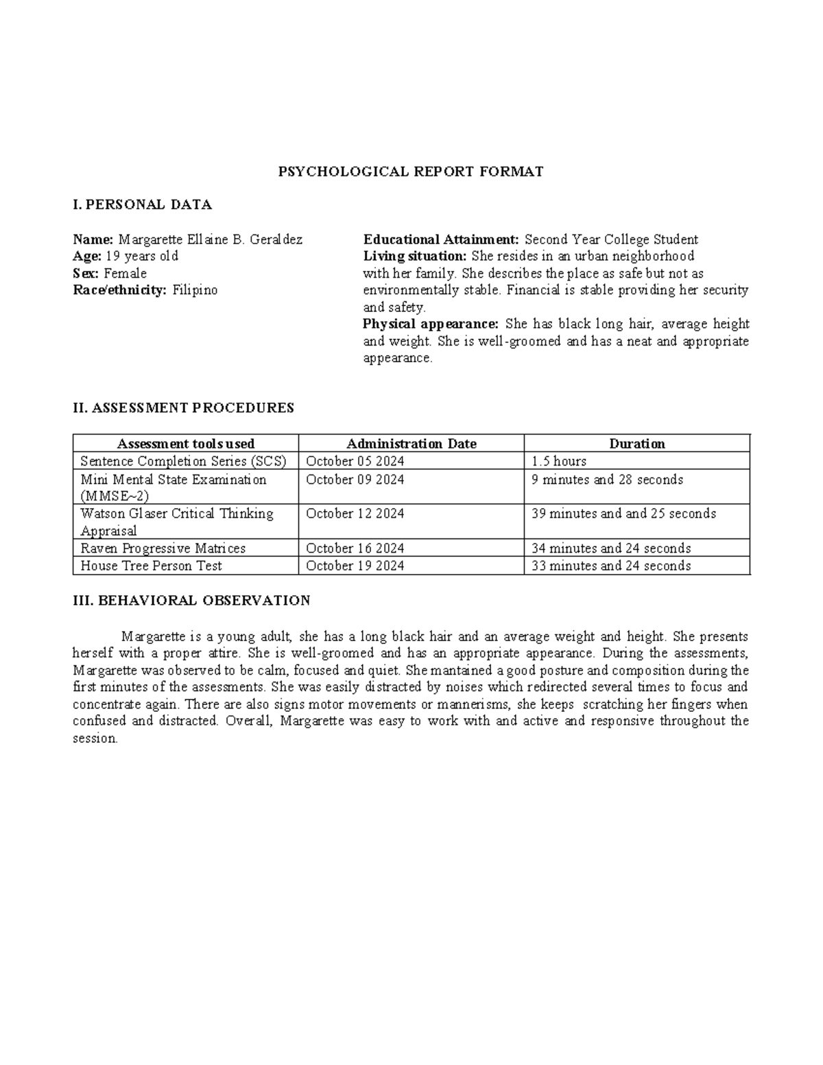 Short Version Psychological Report Format - PSYCHOLOGICAL REPORT FORMAT ...