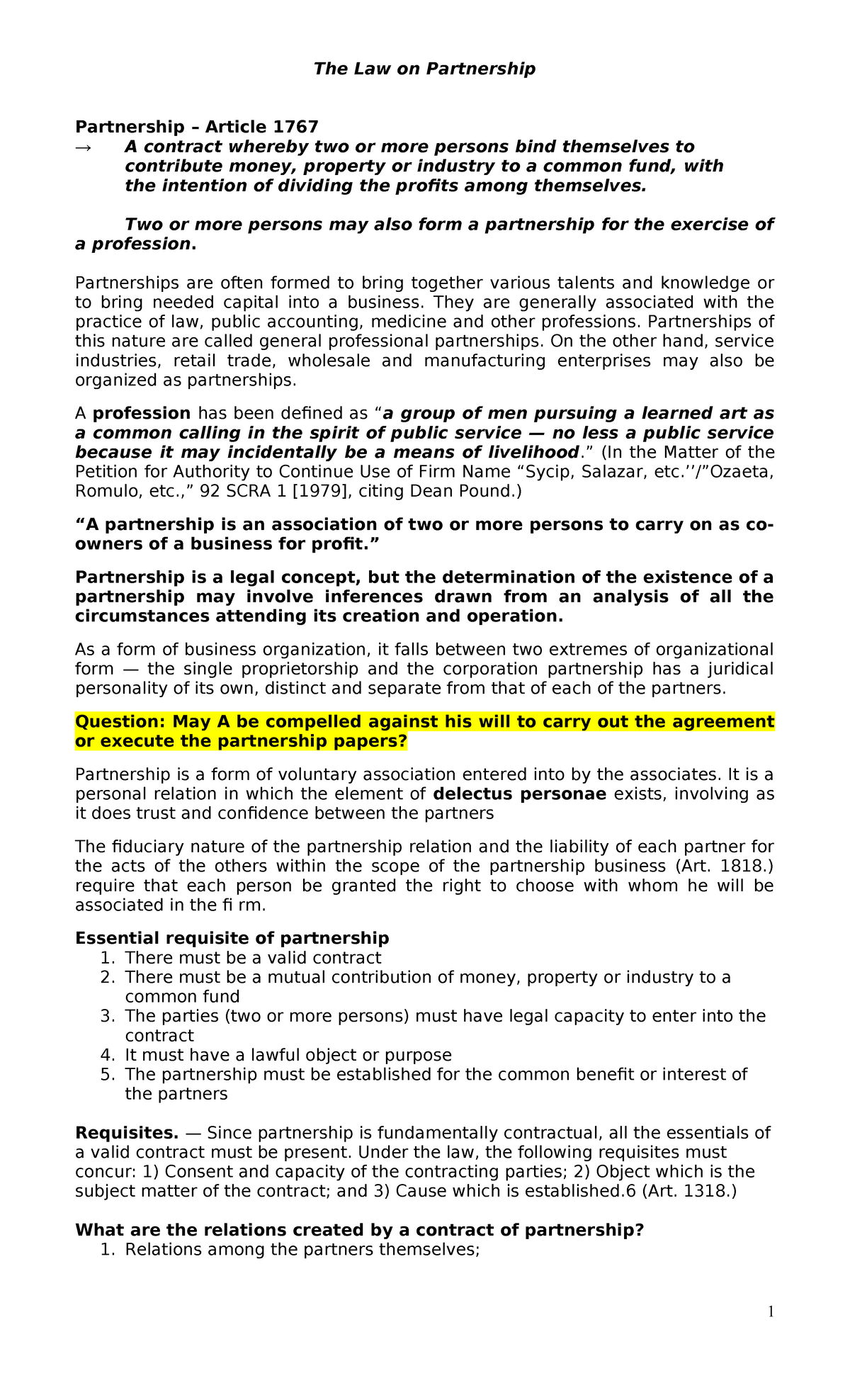 Law on Partnership: Key Concepts and Legal Framework (Course Code ...