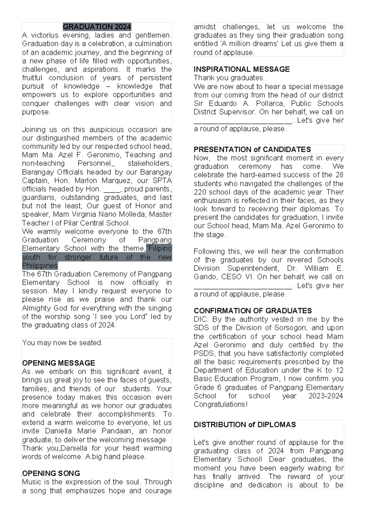 Pangpang Elem. School Graduation 2024 Emcee Script - Studocu