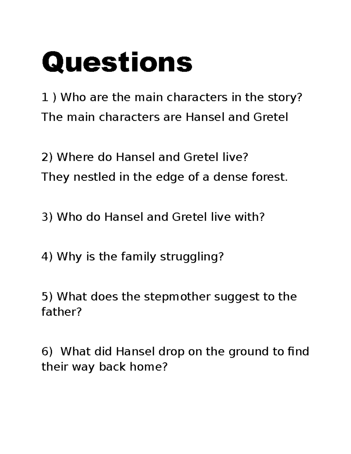 Hansel and Gretel: Key Questions and Answers for Analysis - Studocu