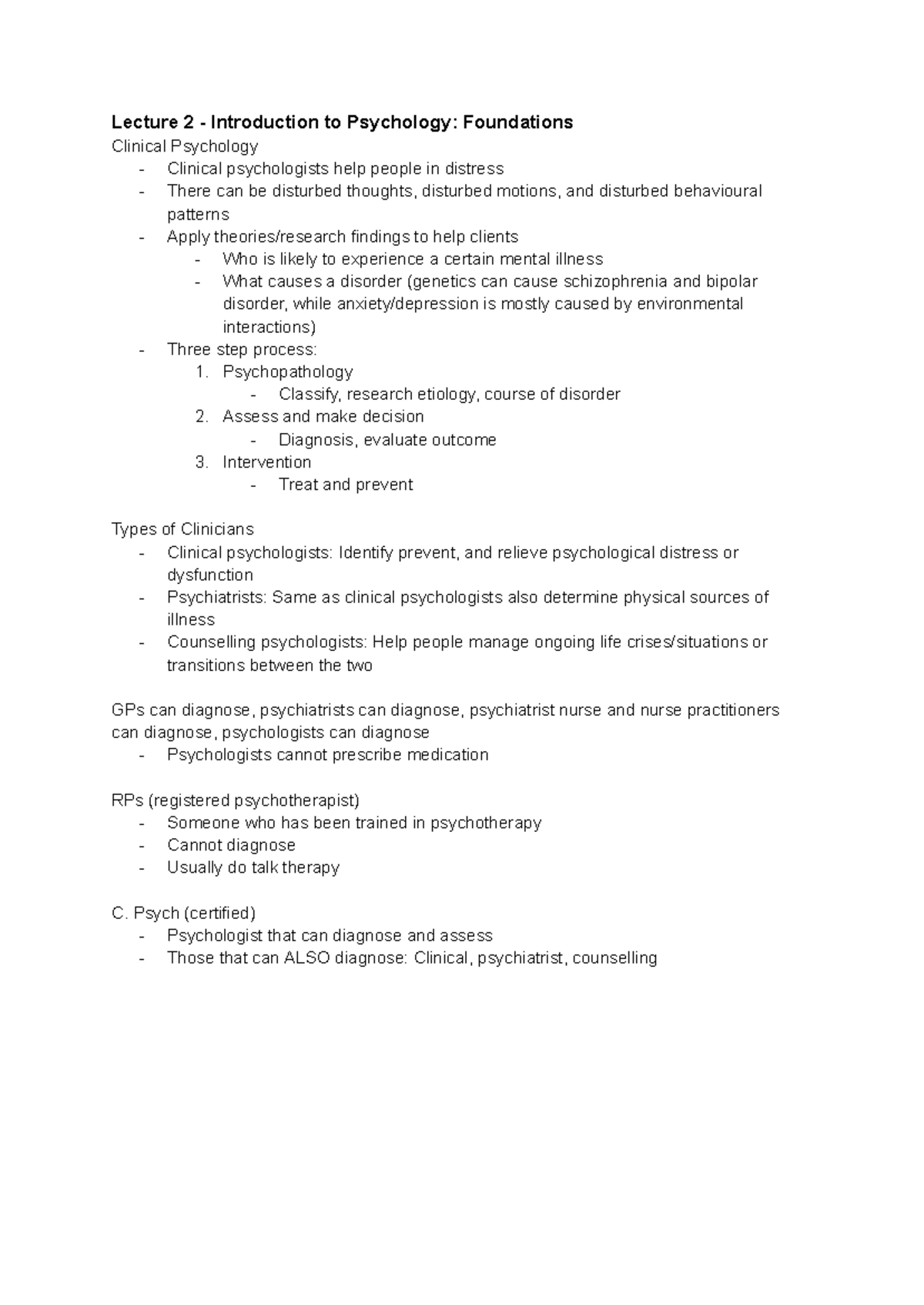 Lecture 2: Foundations of Clinical Psychology in Intro to Psych - Studocu