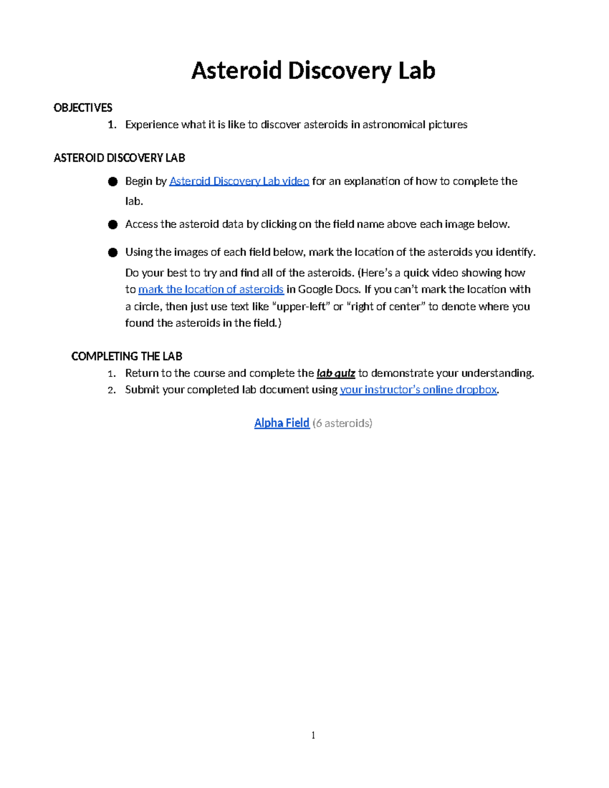 Asteroid Discovery Lab - Access the asteroid data by clicking on the field name above each image ...