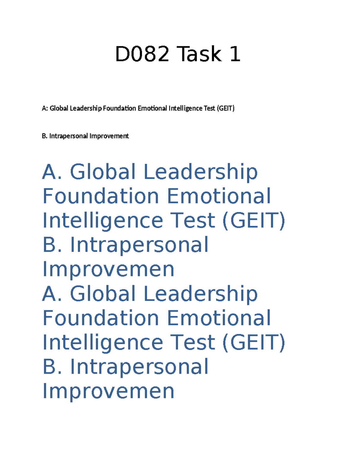 Task 1 D082 - Task 1 - D082 - D082 Task 1 A: Global Leadership Foundation Emotional Intelligence ...