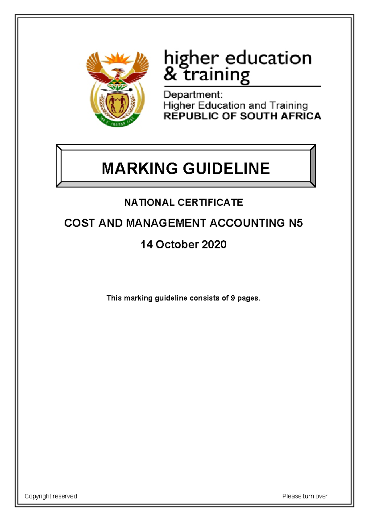 N5 Cost and Management Accounting Nov 2020 Memorandum Marking Guide ...