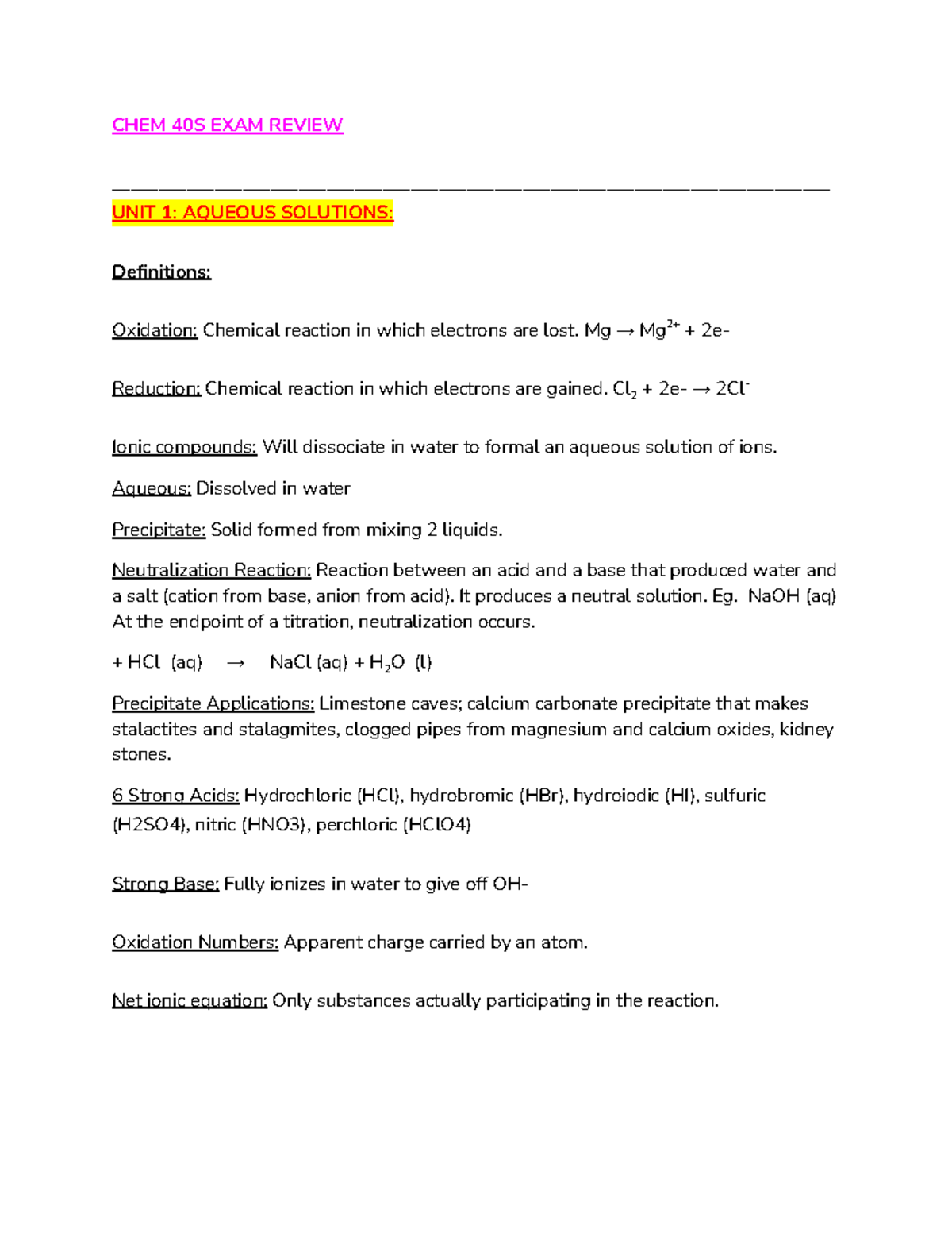 CHEM 40S EXAM REVIEW: AQUEOUS SOLUTIONS & REDOX REACTIONS - Studocu