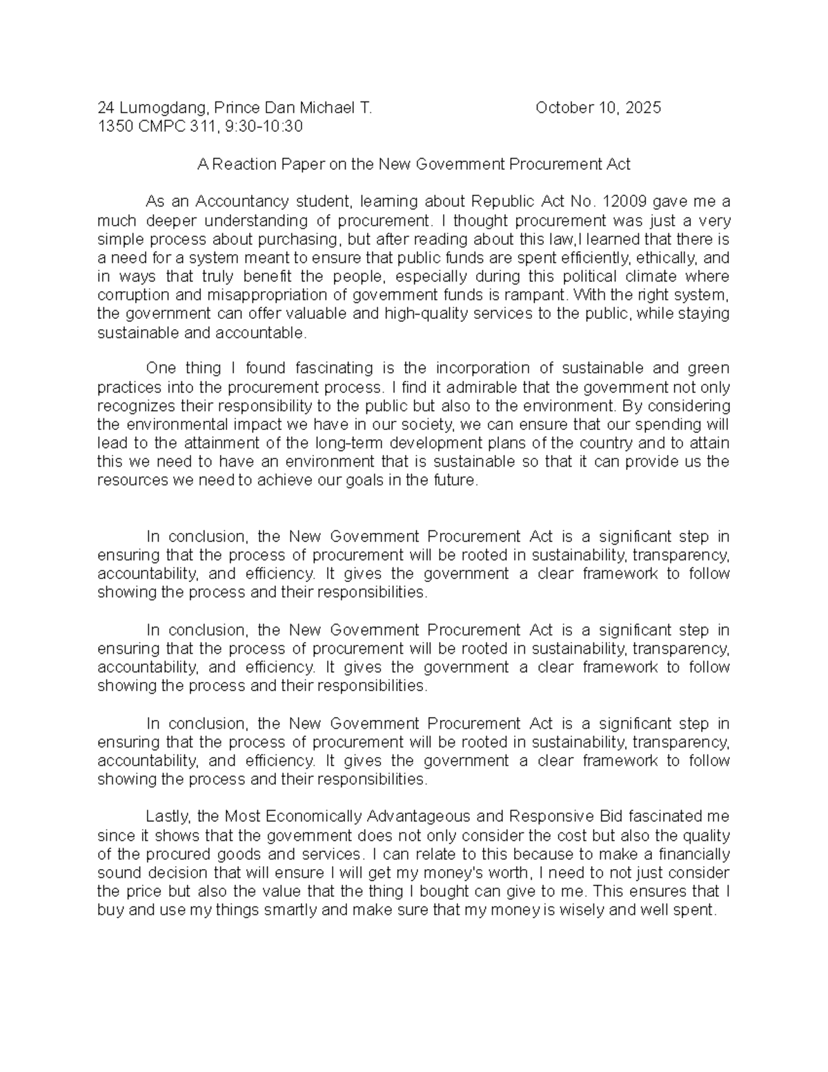 Reaction Paper on the New Government Procurement Act - CMPC 311 - Studocu