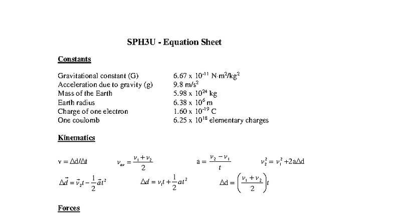 SPH3U Equation Sheet - Key Formulas and Constants - Studocu