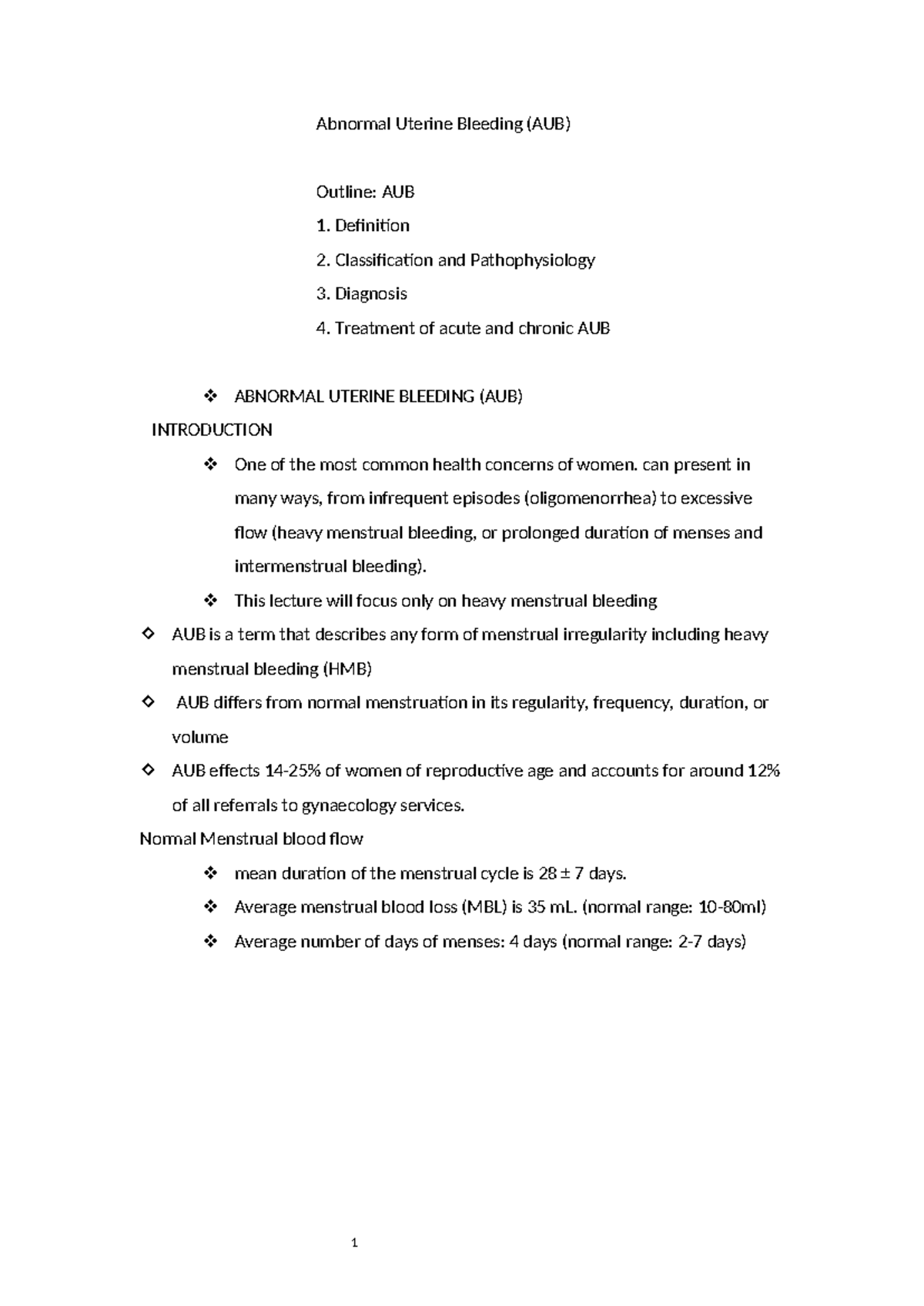 Abnormal Uterine Bleeding (AUB) Lecture Notes: Definition, Diagnosis ...