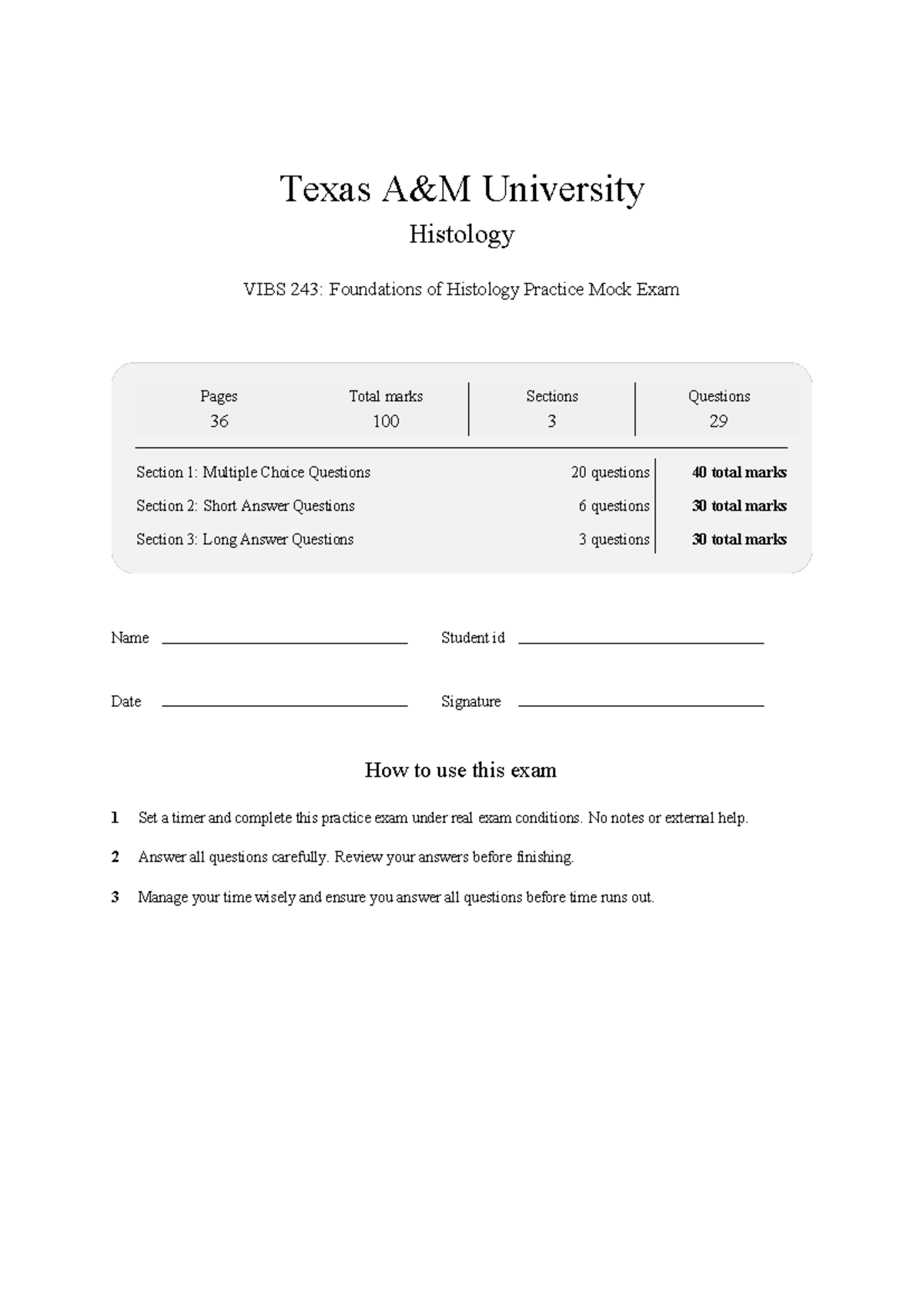 VIBS 243 Histology Practice Mock Exam: Foundations & Key Concepts - Studocu