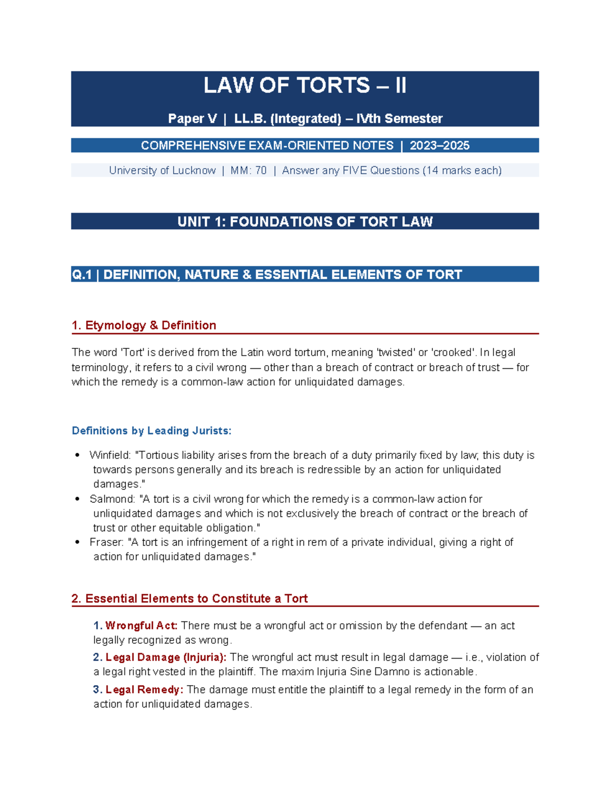 Law of Torts II LL.B. IVth Sem Comprehensive Exam Notes - Studocu