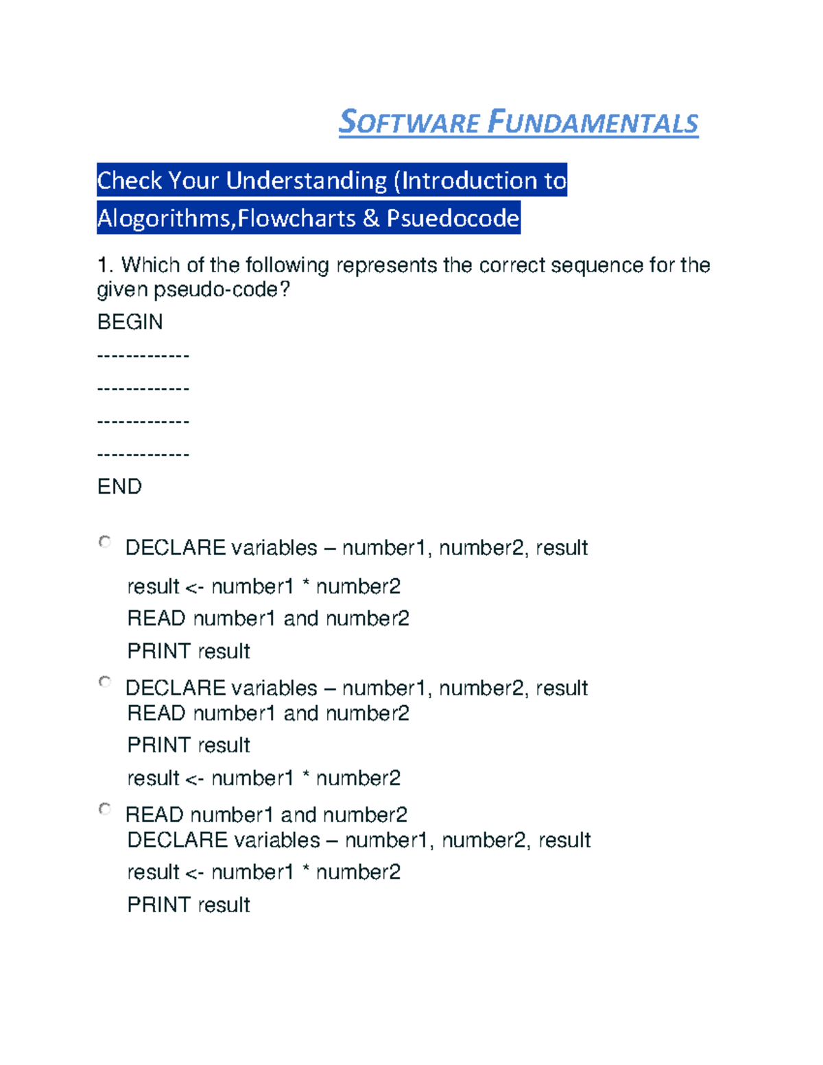 SOFTWARE FUNDAMENTALS: Understanding Algorithms, Flowcharts ...