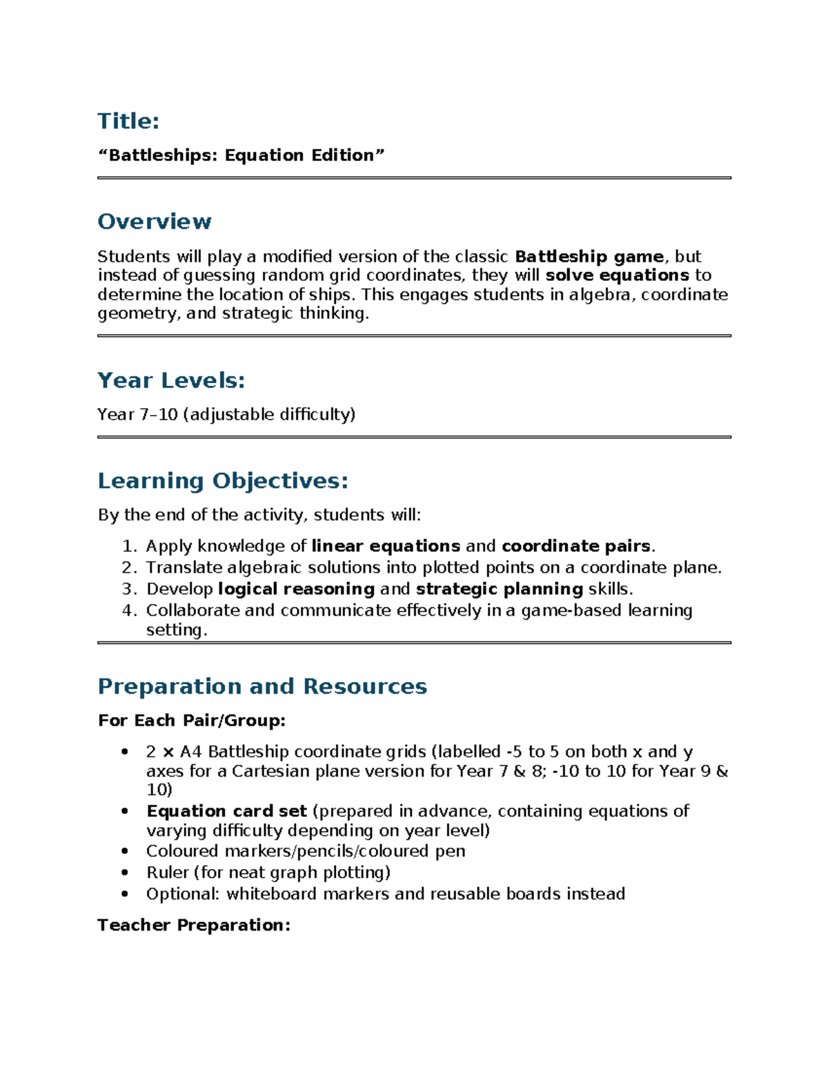 Title: Math Education Week Activity Plan: Equation Battleship Game ...