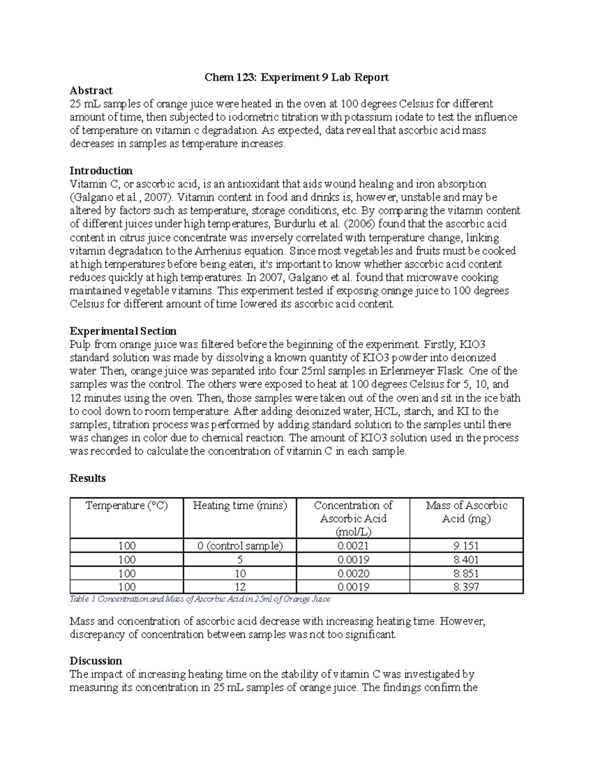 Experiment 9 Lab Report - Chem 123: Experiment 9 Lab Report Abstract 25 ...