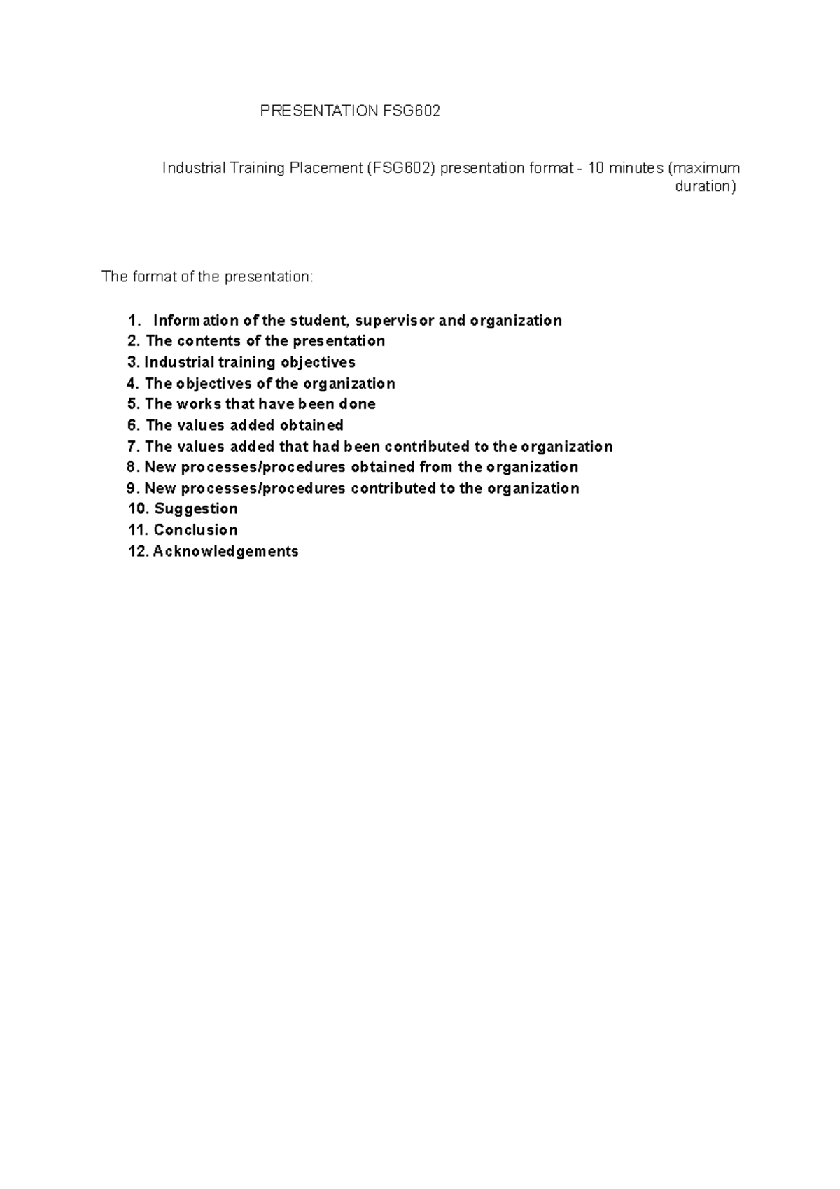 FSG602 Industrial Training Presentation Guidelines and Objectives - Studocu