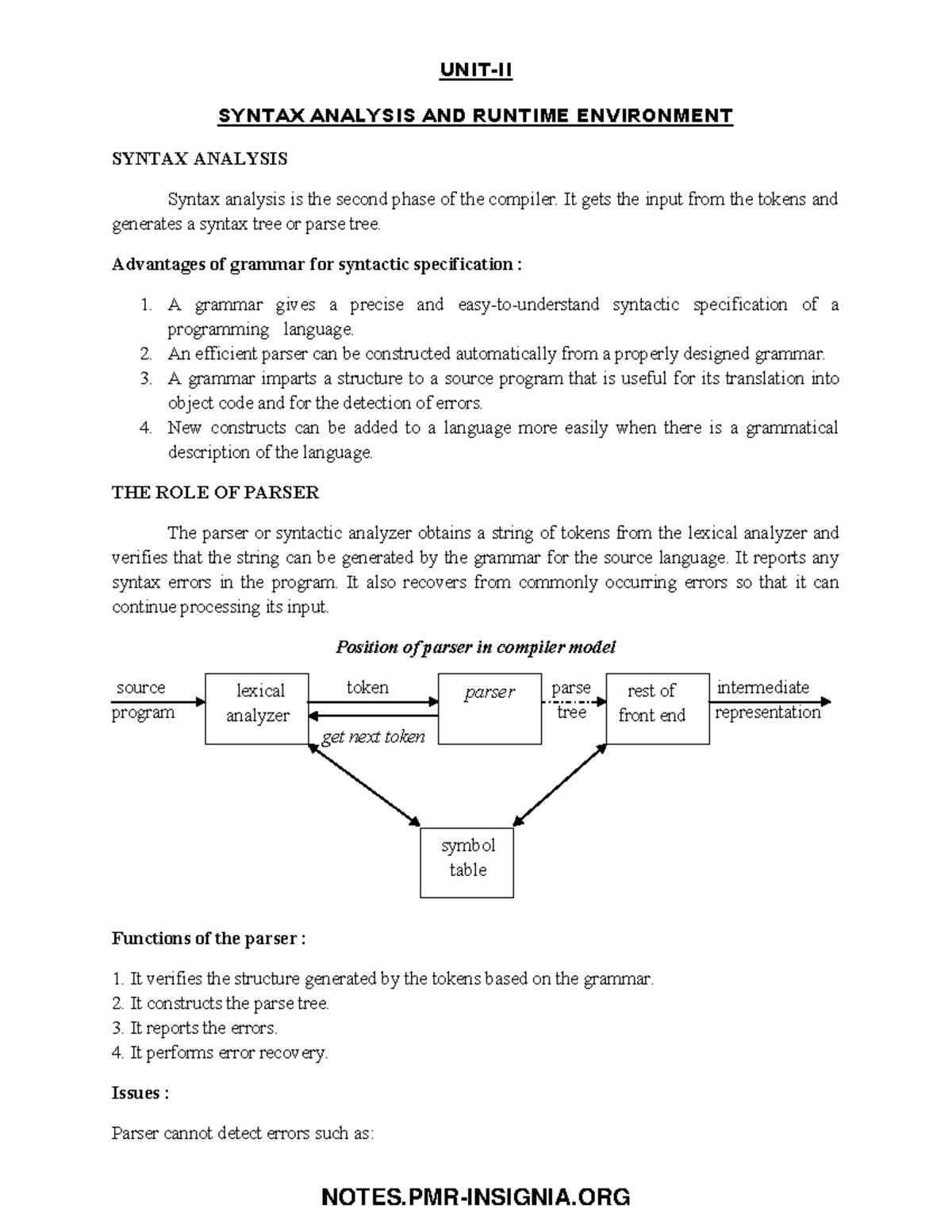 SYNTAX ANALYSIS AND RUNTIME ENVIRONMENT: Compiler Notes (Unit-2) - Studocu