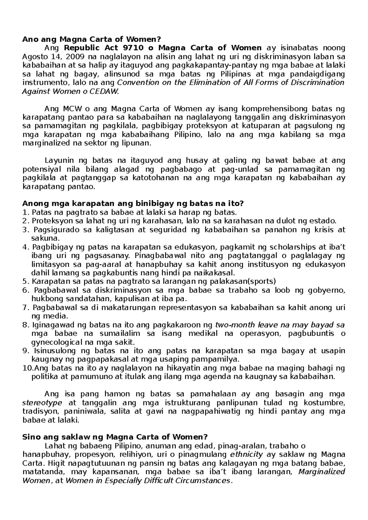 Magna Carta of Women: Pagsusuri at Mga Karapatan ng Kababaihan - Studocu