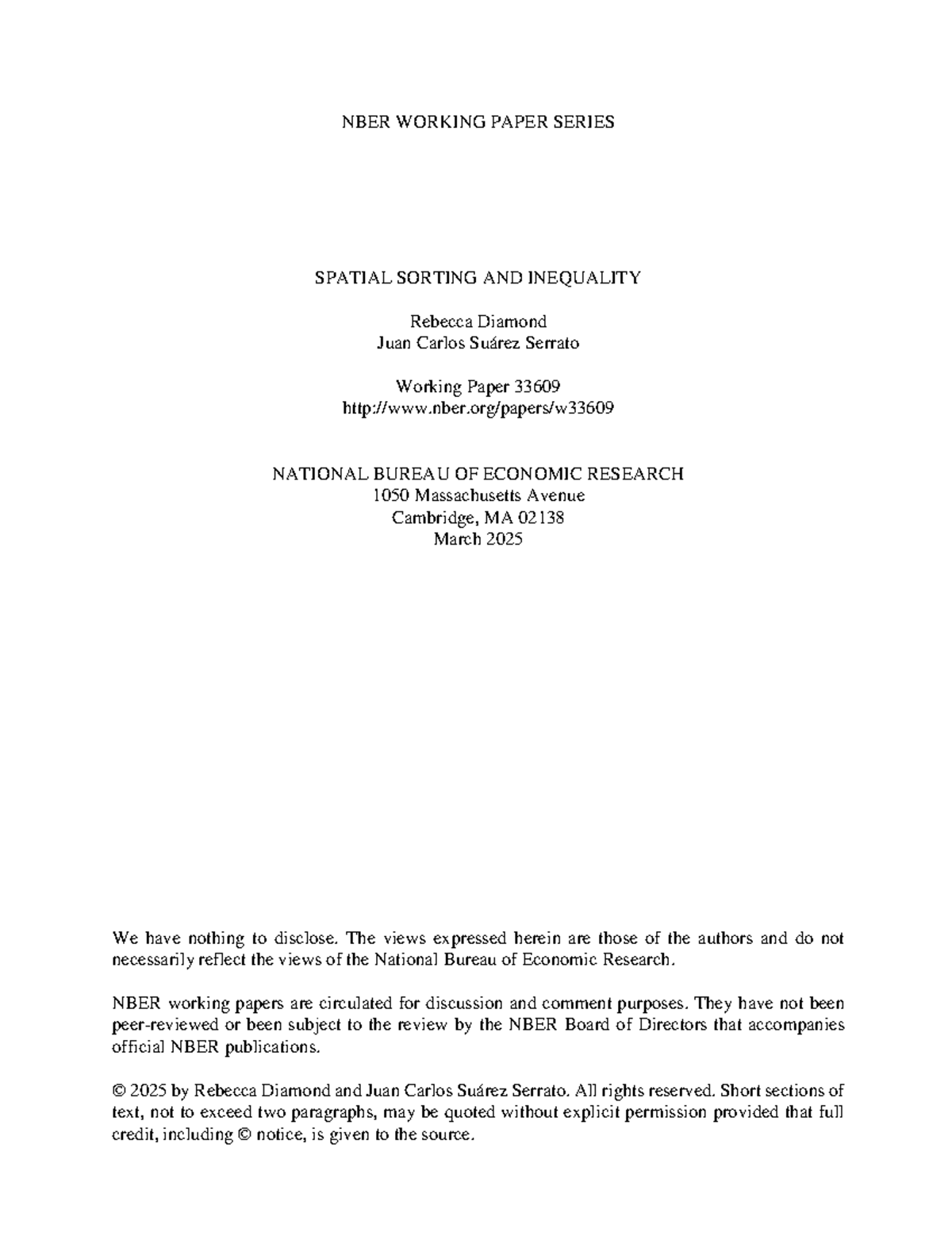 NBER Working Paper 33609: Spatial Sorting and Economic Inequality ...