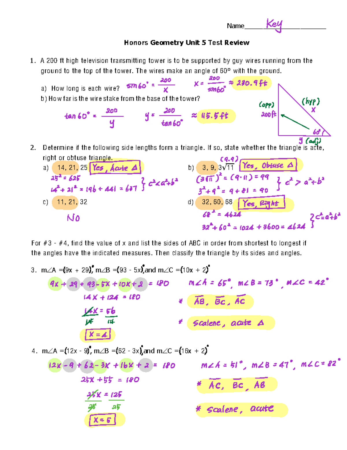 Geometry Honors Unit 5 Test Review & Practice Problems - Studocu