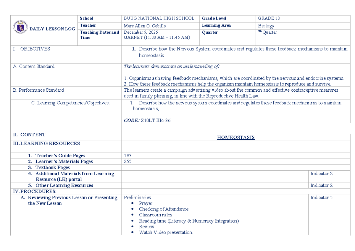 DLP: Homeostasis in the Nervous System - Grade 10 Biology - Studocu