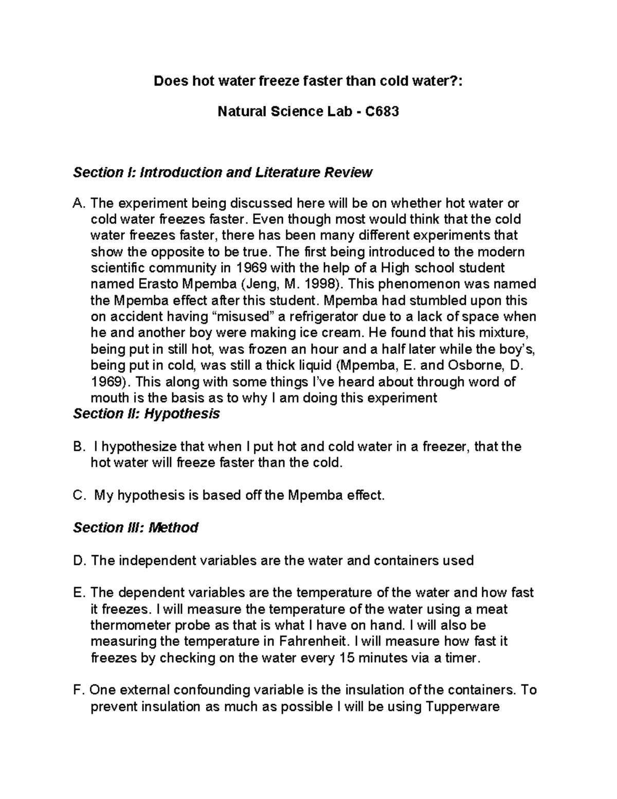 Natural Science Lab C: Hot vs Cold Water Freezing Experiment - Studocu