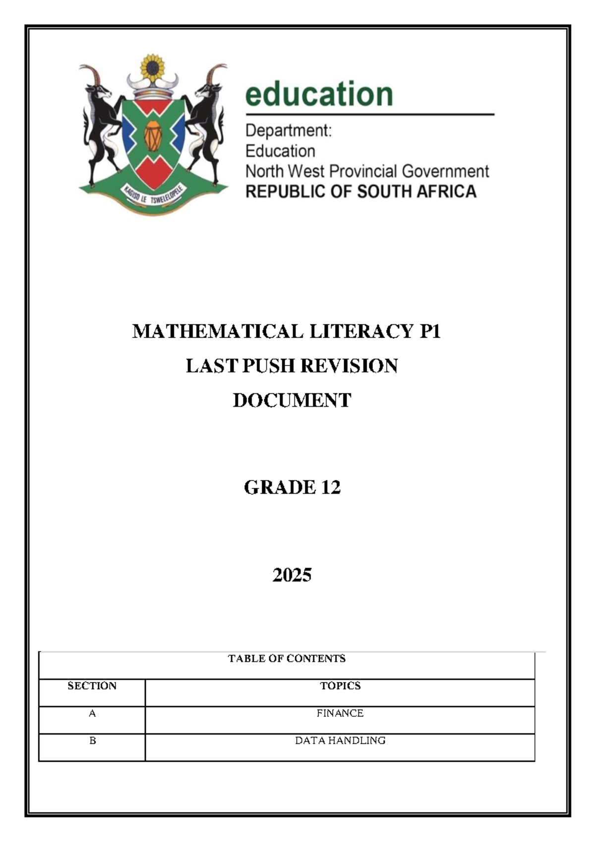 P1 Last Push Revision Document 2025: Mathematical Literacy Grade 12 ...