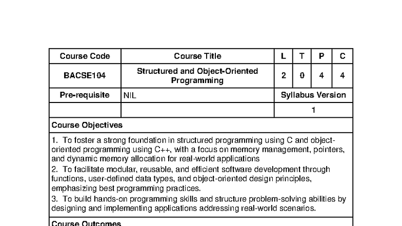 BACSE104 Structured and Object-Oriented Programming Syllabus - Studocu