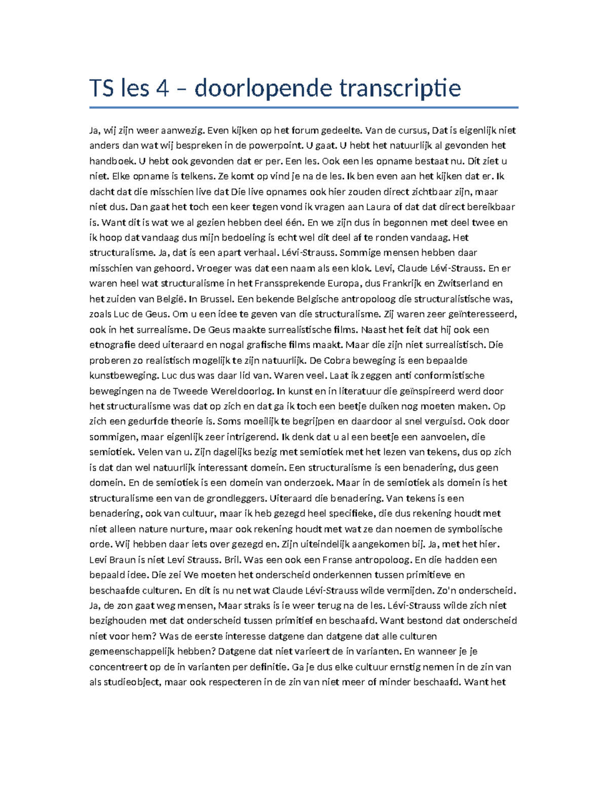TS les 4 - Transcriptie van de Cursus over Structuralisme en Cognitieve ...