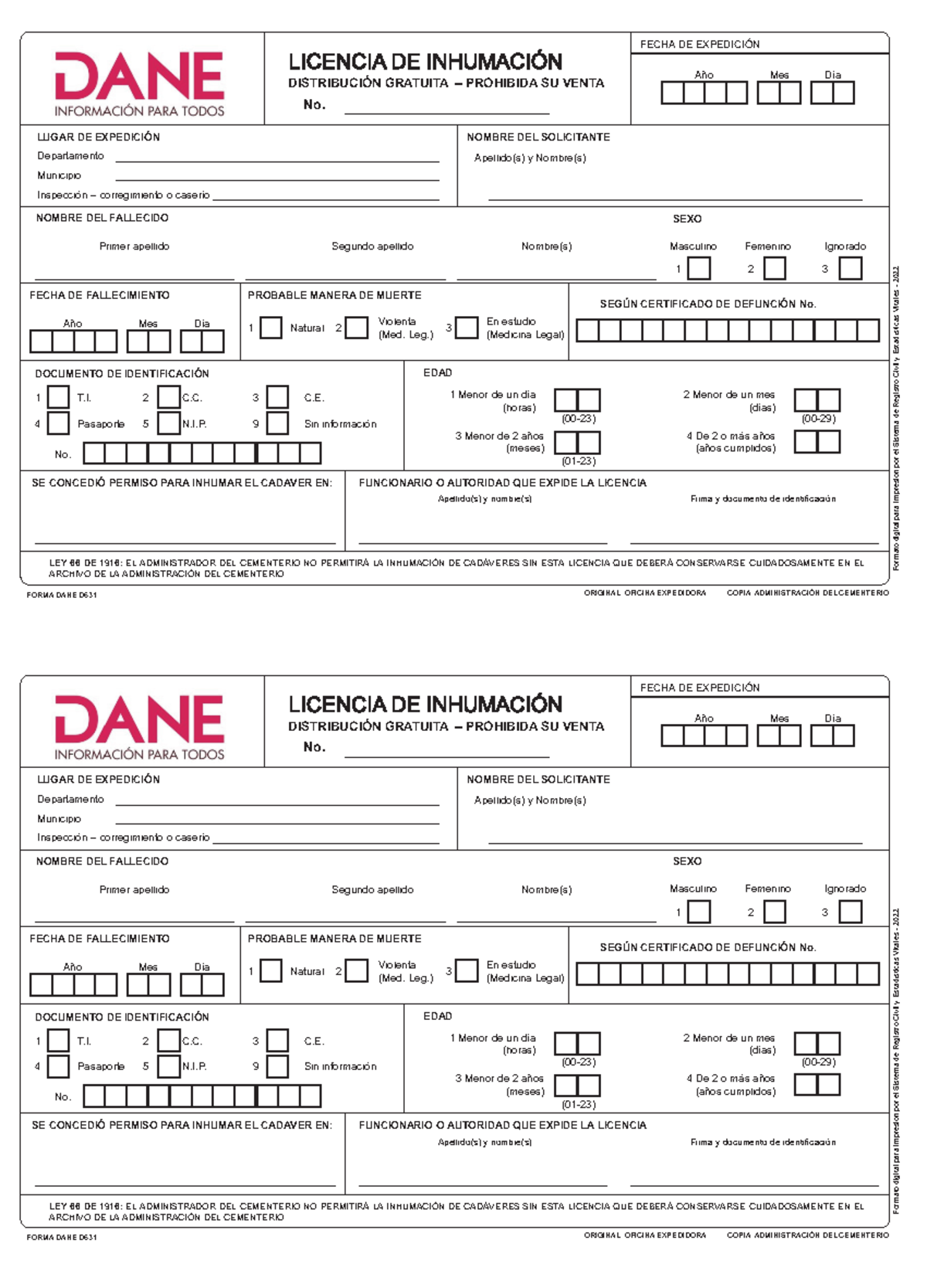 Licencia de Inhumación - Formato DANE D631 - Registro Civil 2022 - Studocu
