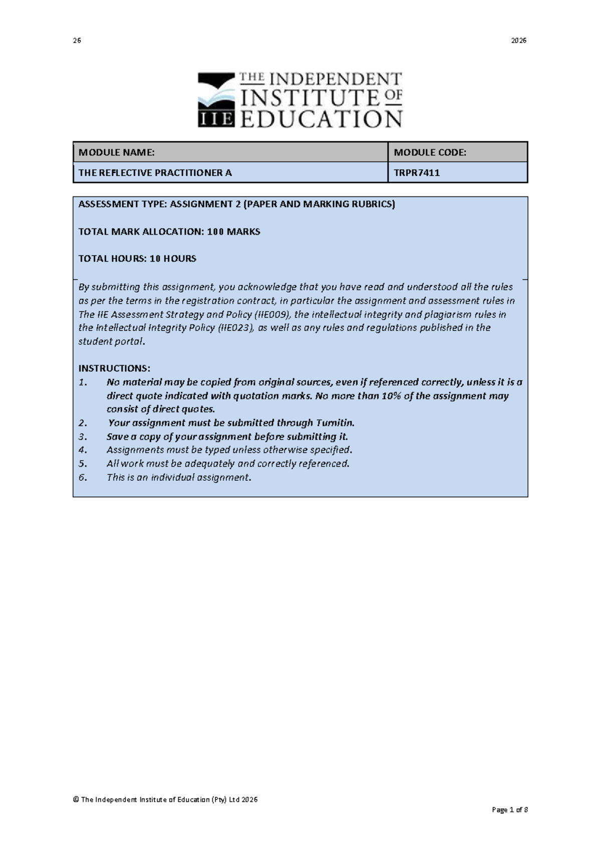 Reflective Practitioner Assignment 2 (TRPR7411) - 2026 Guidelines - Studocu