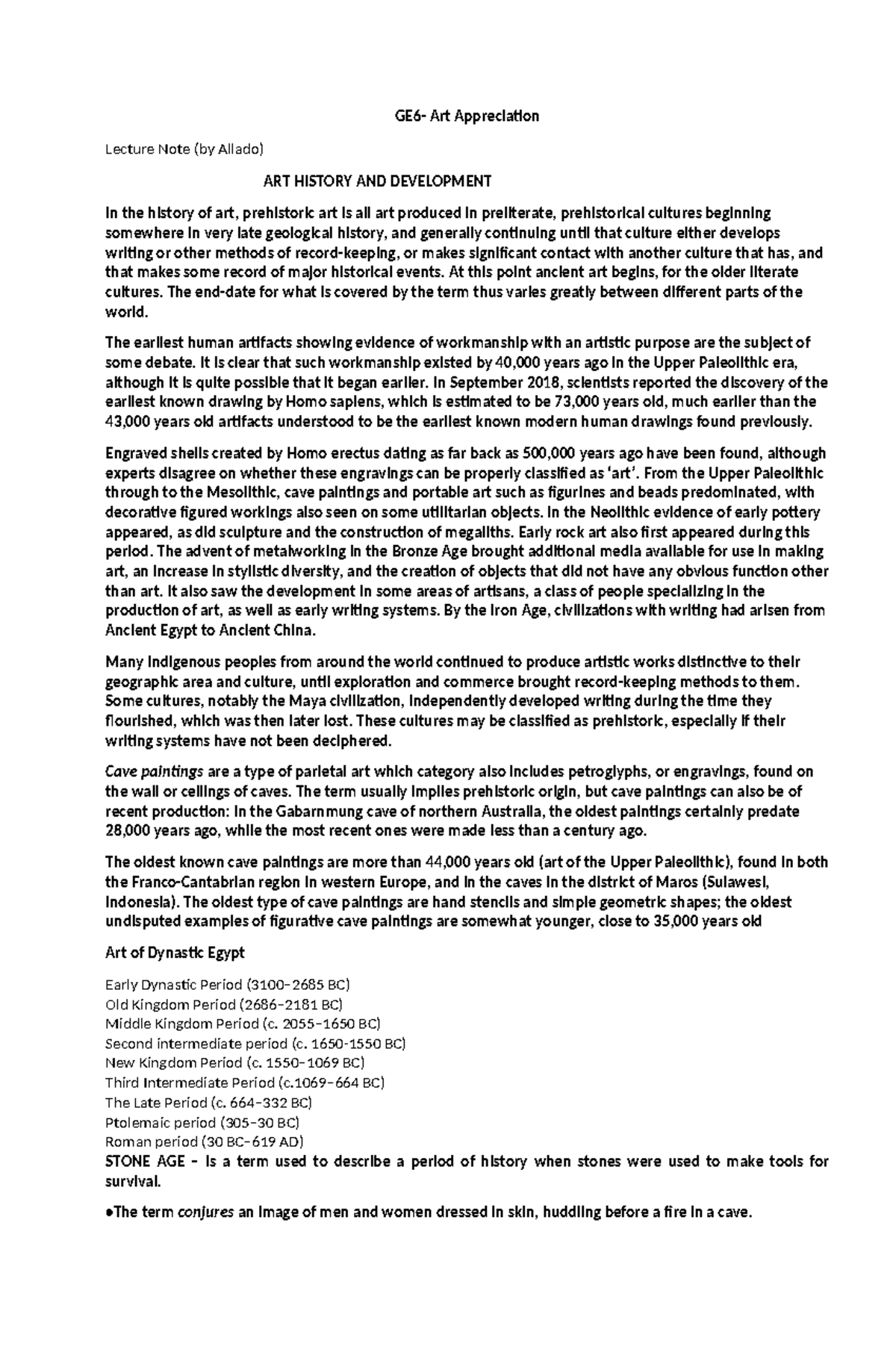 GE6-108069364162 Art Appreciation: Lecture Notes on Prehistoric and ...