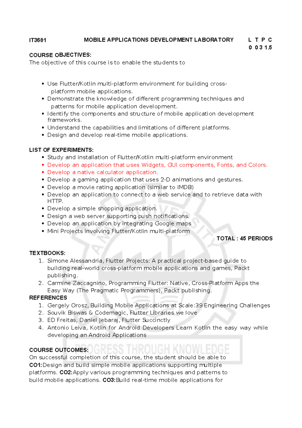 IT3681 Mobile Apps Dev Lab: Course Objectives & Experiments Summary - Studocu