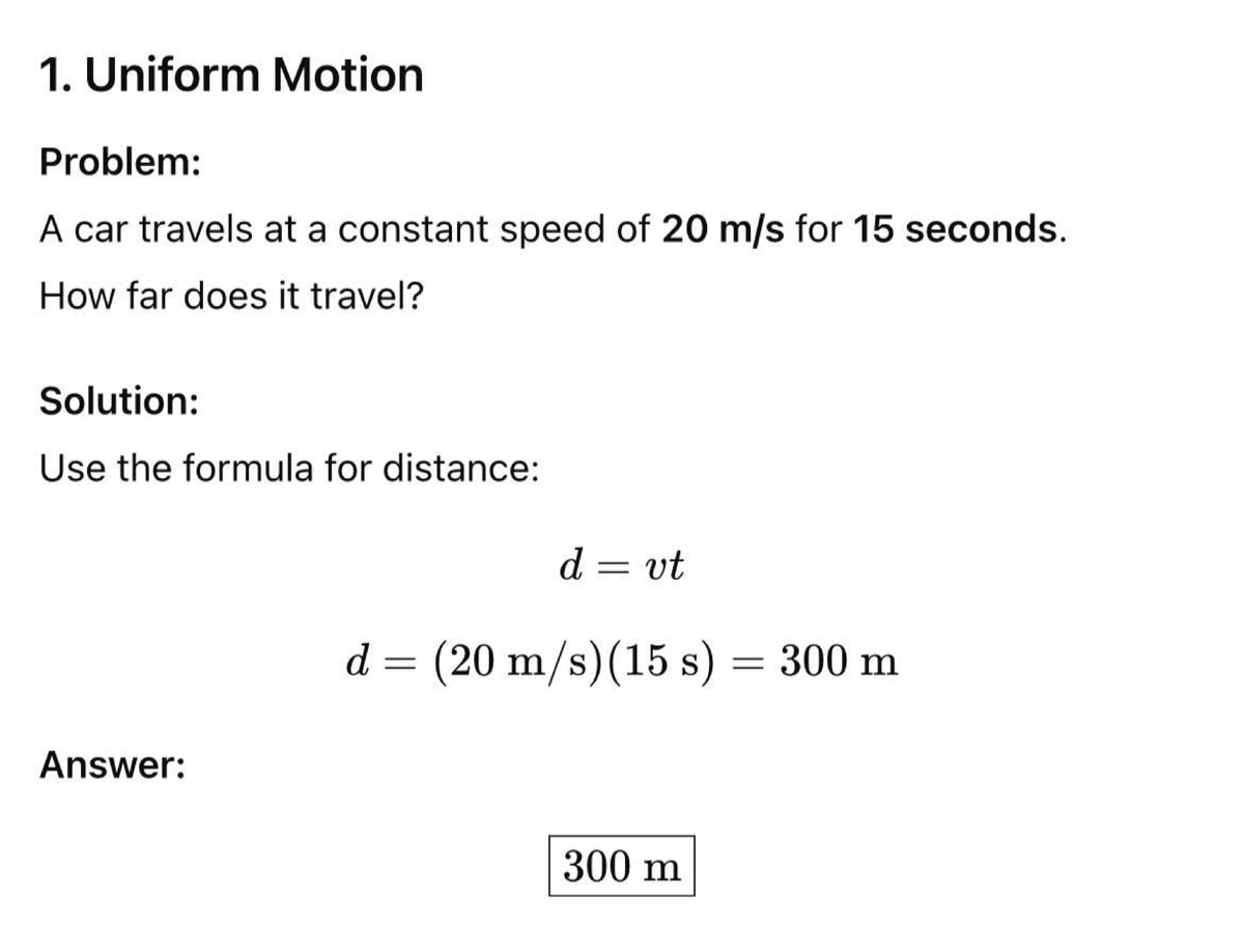 Phys1 - Solving - PHYSICS - 1. Uniform Motion Problem: A car travels at ...